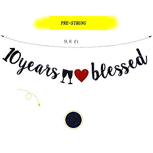 MJJLT 10 Years Blessed Black Paper Sign Banner for Boy/Girl's 10th Birthday Party Supplies,Pre-Strung 10th Wedding Anniversary Party Decorations