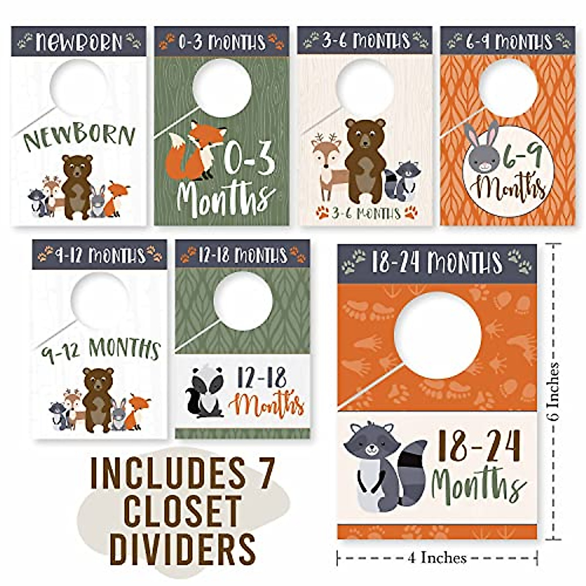 7 Woodland Baby Nursery Closet Organizer Dividers For Girls or Boys Clothing, Grey Age Size Hanger Organization For Kid, Toddler, Infant, Newborn Clothes Must Have, Shower Gift Supplies, 0-24 Months