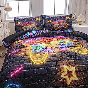 MWMWMW Kids Bedding Sets for Boys Teens, Boys Queen Comforter Set, Gaming Comforter Sets for Boys, 3D Gaming Geometric Lightweight Microfiber Bedding Sets (1 Comforter +2 Pillowcases)