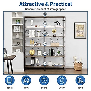 O&K FURNITURE Double Wide 6-Shelf Bookcase, 80.7” Industrial Large Open Metal Bookcases Furniture, Etagere Bookshelf for Home & Office, Grey