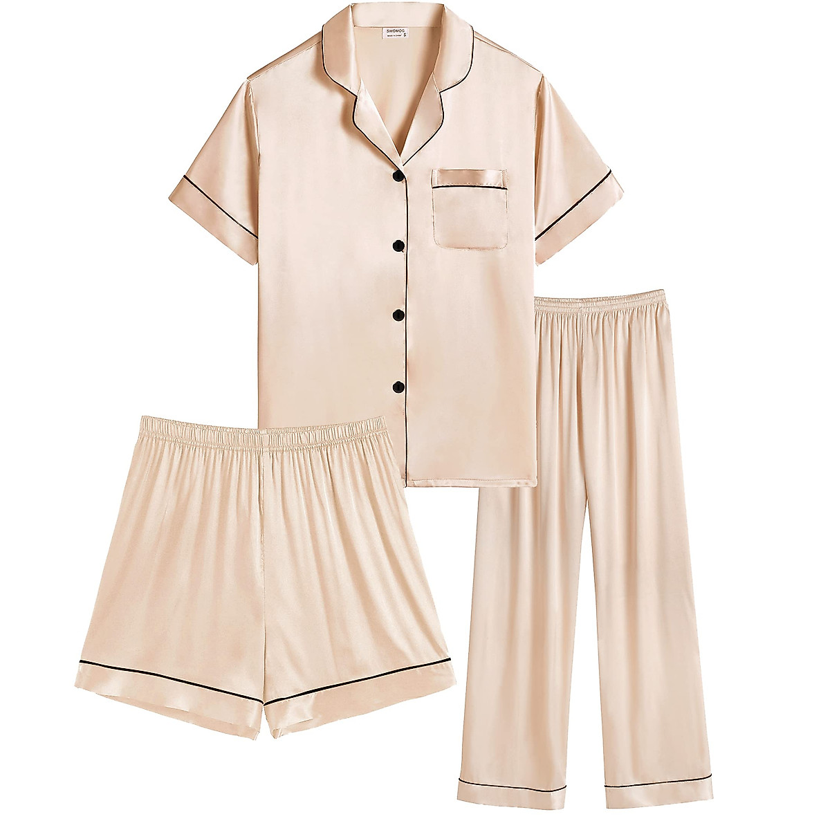 SWOMOG Women 3 PCS Silk Satin Pajama Set Short Sleeve Pjs Set Button Down Sleepwear Bridal Lounge Sets Shorts and Capri Pants Pink