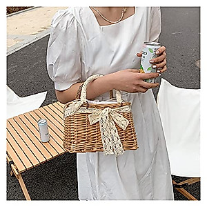 ZHYLing Handmade Woven Purse Wicker Beach Handbag Fashion Women Pure Color Rattan Woven Pearl Basket Handbag Mini Tote Lunch Bags (Color : 1)