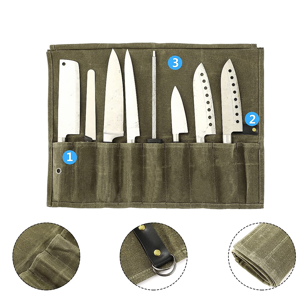Chef Knife Roll Bag, 9 Pockets Canvas Knife Case, Knife Bag, Knife Wrap Wallet, Cutlery Knife Pouch Holders Protectors for Chef Knives Kitchen Utensils, Tool Roll (Army Green)