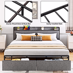 GarveeHome Full Size Bed Frame with 2 Drawers and Shelf Headboard, Charging Station with USB Port & Outlets, Upholstered Heavy Duty Platform Bed with Storage, No Box Spring Needed, Light Grey