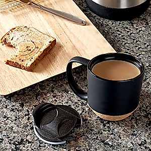 Ceramic Coffee Mug w/Lid and Cork Coaster Base - 12oz Slideproof Coffee Cups w/Handle and Sip and Cover Lid - Set of 2 Dishwasher Safe Ceramic Travel Mugs - Reusable Black Insulated Cup