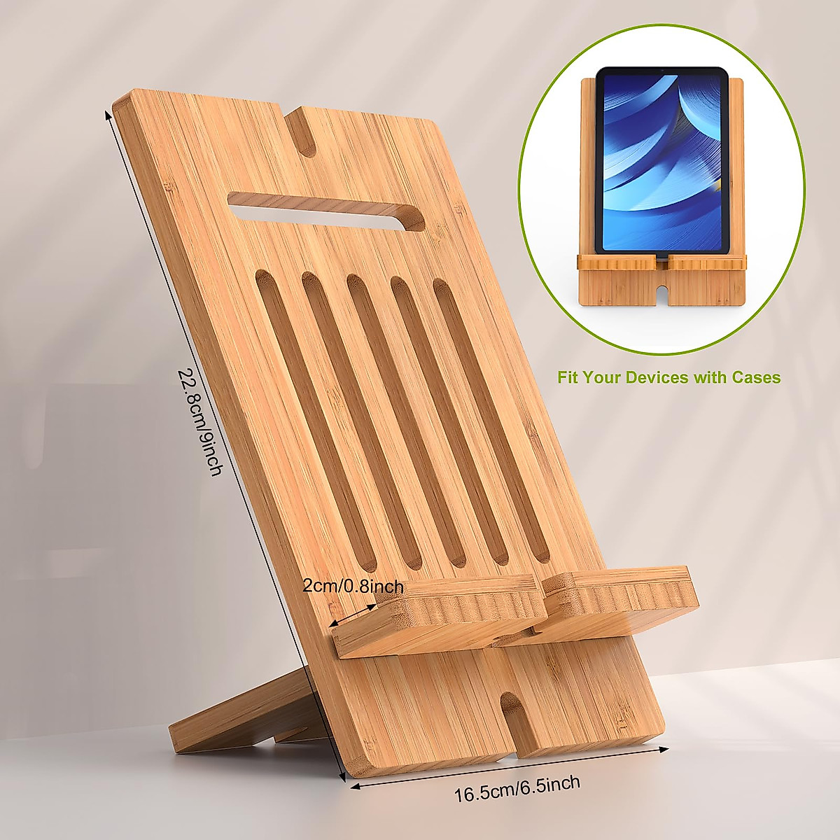 Pezin & Hulin Bamboo Tablet Stand Adjustable, Desktop Cell Phone Stand Holder Dock Compatible with Pad 9.7, 10.5, 12.9, Air 2 3 4 Mini, E-Reader, Phone 8 Plus X XS Max XR (Support to 4.7-13" Devices)