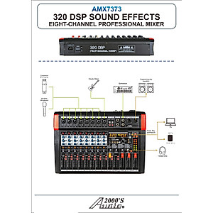 Audio2000'S AMX7373 Eight-Channel Audio Mixer with 320 DSP Sound Effects, Stereo Sub Out with Sub-Out Level-Control Fader, Level-Control Faders on All Channels, and USB/Computer Interface