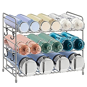 Mefirt Water Bottle Organizer, 3-Tier Water Bottle Organizer for Cabinet, Tumbler Travel Cup Holder, Pantry Kitchen Stackable Storage Rack for Shaker Baby Bottle, Wine, Can, Drying Rack (Silver)