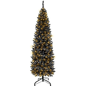 6 Ft Prelit Black Halloween Christmas Tree, 240 LED Warm Lights, 658 Thick Branch Tips, Fire-Resistant, UL Plug, Metal Stand, Hinged Pencil Xmas Tree Christmas Decorations Home Indoor Outdoor