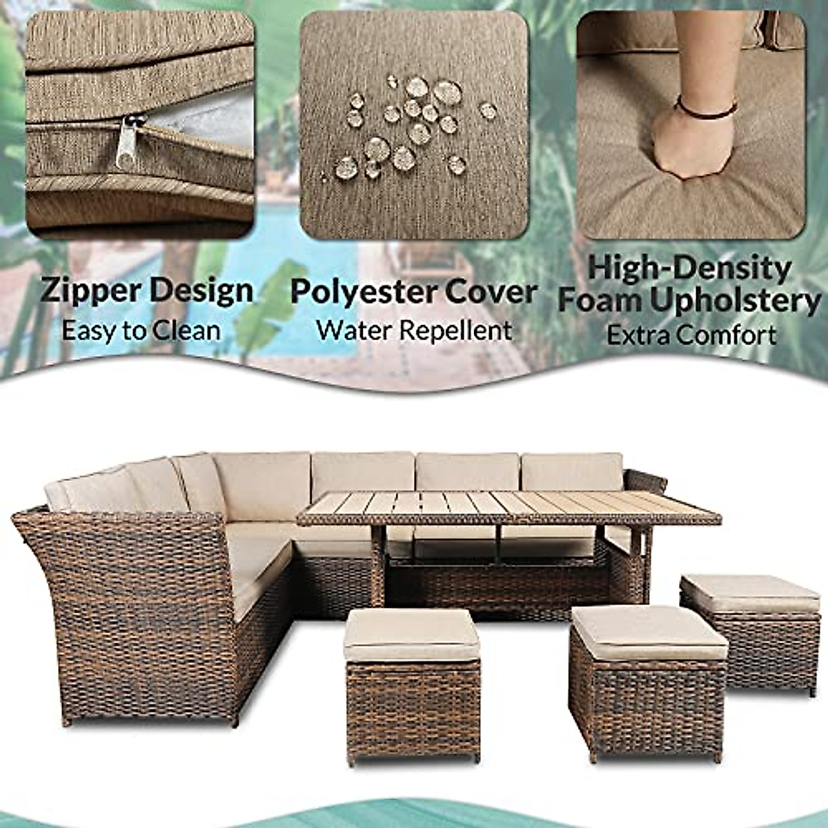 MEETWARM 7 Pieces Wicker Patio Furniture Set Outdoor Conversation Set All Weather Rattan Sectional Sofa Couch Garden Dining Table Chair Set with Ottoman (Brown)