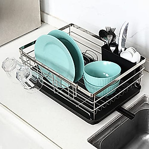 Fogein Dish Drying Rack,Dish Racks for Kitchen Counter，Stainless Steel Dish Drainer with Utensil Holder Removable Drainer Tray for Kitchen Countertop(Black)