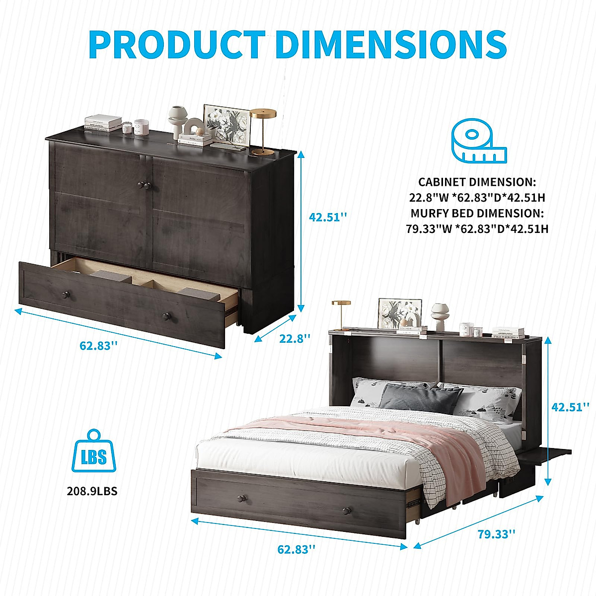 Mjkone Murphy Bed Chest, Cabinet Bed with Trifold Foam Mattress, Queen Murphy Cube Cabinet Bed with USB Charging Station and Large Storage Drawers for Living Room/Bedroom/Office (Grey)