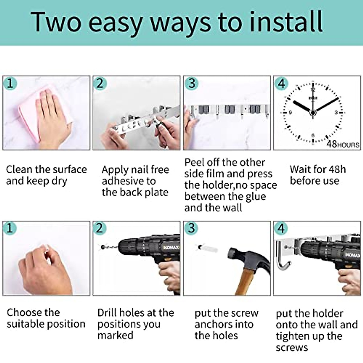 Mop Broom Holder, 4 Hooks and 3 Racks Wall Mount Long Grippers Hanger for Household Easy Storage Clip Racks, No-Slip Utility Hooks Tool Hanger for Home, Bathroom, Kitchen, Garden, Garage