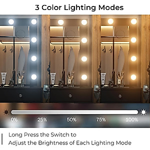 FUSOU Vanity Desk with Power Outlet, Makeup Vanity with Mirror and 12 LED Lights, 3 Lighting Modes,11 Drawers Vanity Table with Chair, Glass Top, Vanity Set for Bedroom,Dressing Room (Black)