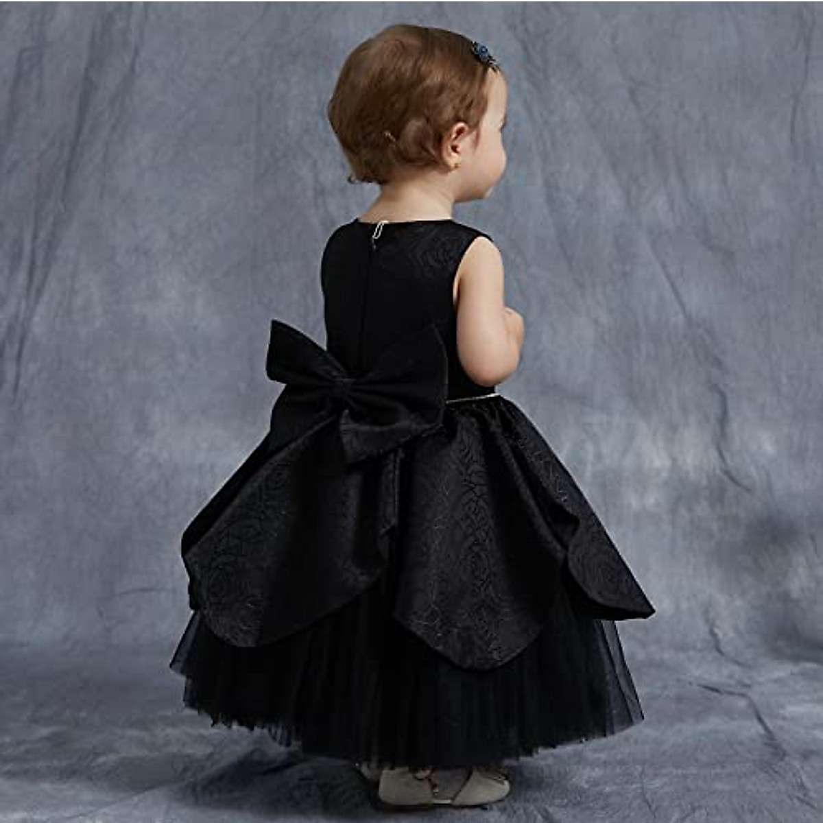 TENTIDE Baby Girls Tulle Wedding Dress Princess Pageant Birthday Formal Elegant Dresses Gown with Big Bowknot for Infant 0-24 Months (Black, 0-3 Months)