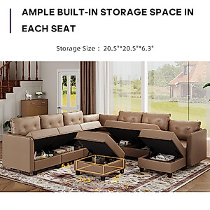 LLappuil Modular Sectional Sofa, Oversized U Shaped Sofa with Storage, Sectional Couch for Living Room, Faux Leather Fabric Waterproof Sofa, 8 Seats with Ottoman, Cognac Brown