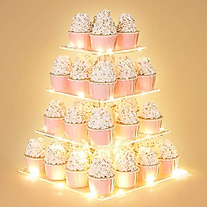 4 Tier Cupcake Stand with LED String Light, Acrylic Display Stand, Square Tower Holder, Cup Cake for Birthday, Wedding, Baby Shower, Party