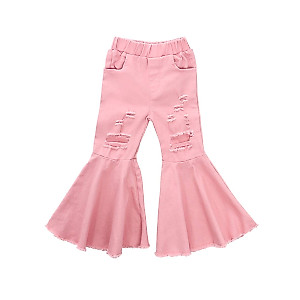 ICECTR Toddler Baby Girls Kid Flared Denim Pants Ruffled Wide Legs Ripped Jeans High Waist Bell Bottoms Casual Outfit (Pink, 3-4T)