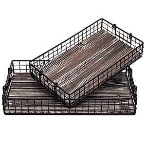 MyGift Black Metal Large Serving Tray, Wire Basket Style Nesting Ottoman Trays with Burnt Wood Base and Handles, Set of 2