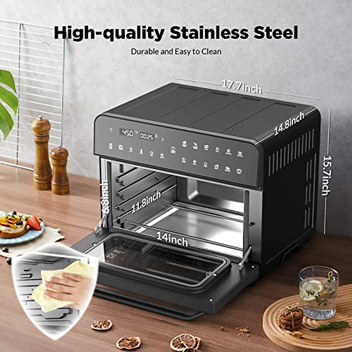 26.3QT/25L Extra-Large Air Fryer Toaster Oven, Convection Oven Countertop, Bake & Broil, 12-in-1 Air Fryer Convection Toaster Oven Combo, Digital Control Multifunction Pizza Oven, Black Nonstick Stainless Steel