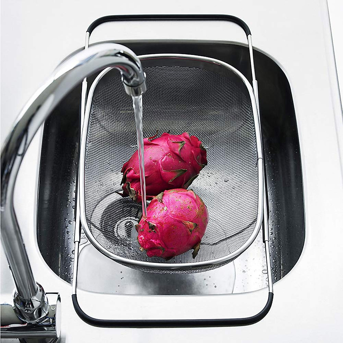 Suwimut 2 Pack Over the Sink Oval Colander for Kitchen, Stainless Steel Fine Mesh 6 Quart Strainer Basket with Expandable Rubber Grip Handles for Straining, Draining, Rinsing Fruits, Vegetables