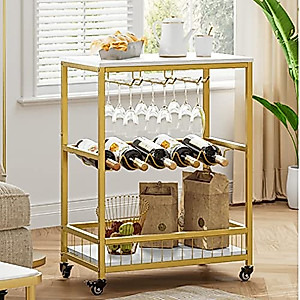 HITHOS Industrial Bar Carts for The Home, Mobile Serving Cart with Wine Rack and Glass Holder, Beverage Cart, on Wheels, Rolling Drink Trolley Living Room, Kitchen, White Gold