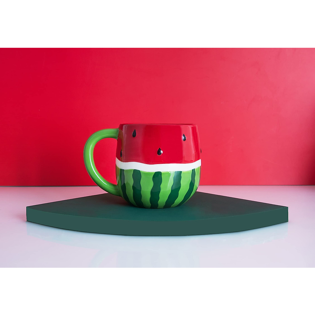 AwakingWaves Hand Painted Ceramic Tea Cups with Funny Watermelon-shaped Designs for Sister/Women/Mom, Novelty Green Travel Mug for Milk, Kawaii Gift Suitable for Dishwasher and Microwave (18 oz)