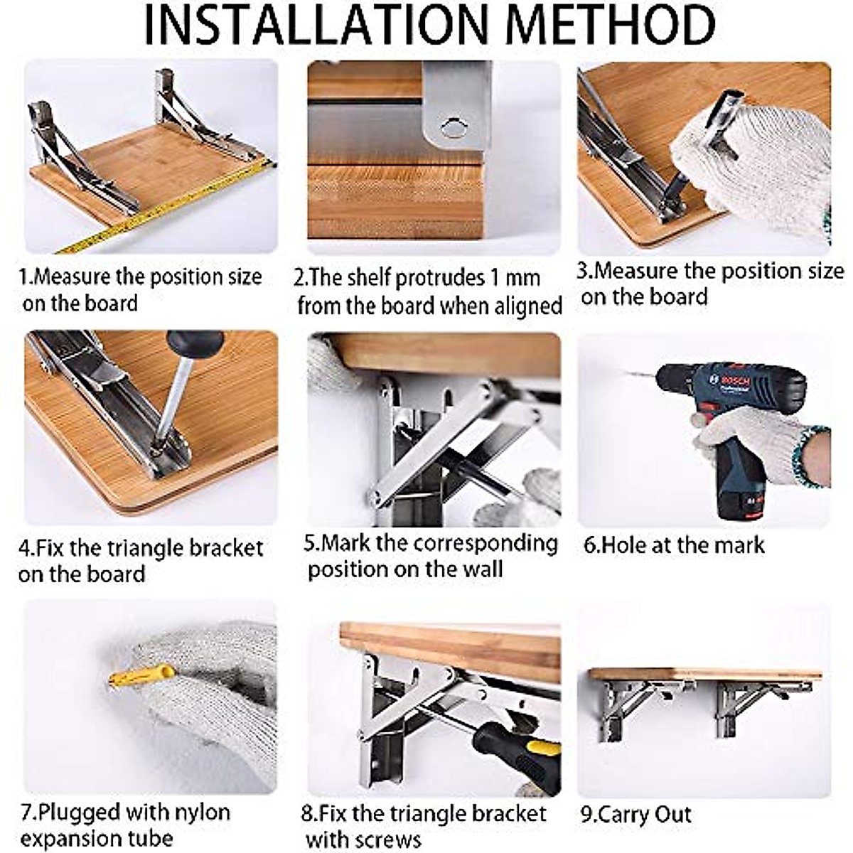 Folding Shelf Brackets - Heavy Duty Stainless Steel Collapsible Shelf Bracket for Bench Table, Space Saving DIY Bracket, Max Load: 550lb （Long：10” ，2 PCS）