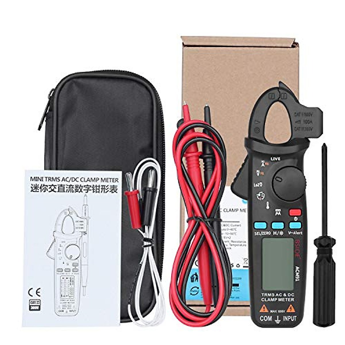 ACM91 Clamp Multimeter Digital AC DC Current Clamp Meter True RMS Auto Range 6000 Counts 100 amp Mini Meter With Temperature Capacitance NCV Measure LoZ Volts