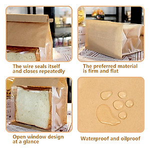 Heavy Duty Large Kraft Paper Bread Bags with Tin Tie Tab Lock 50pcs, Loaf Bag with Clear Front Window, Storage Packaging Treat Bag for Bakery Cafe Homemade Bread 10.6” × 4.3” × 8.7”