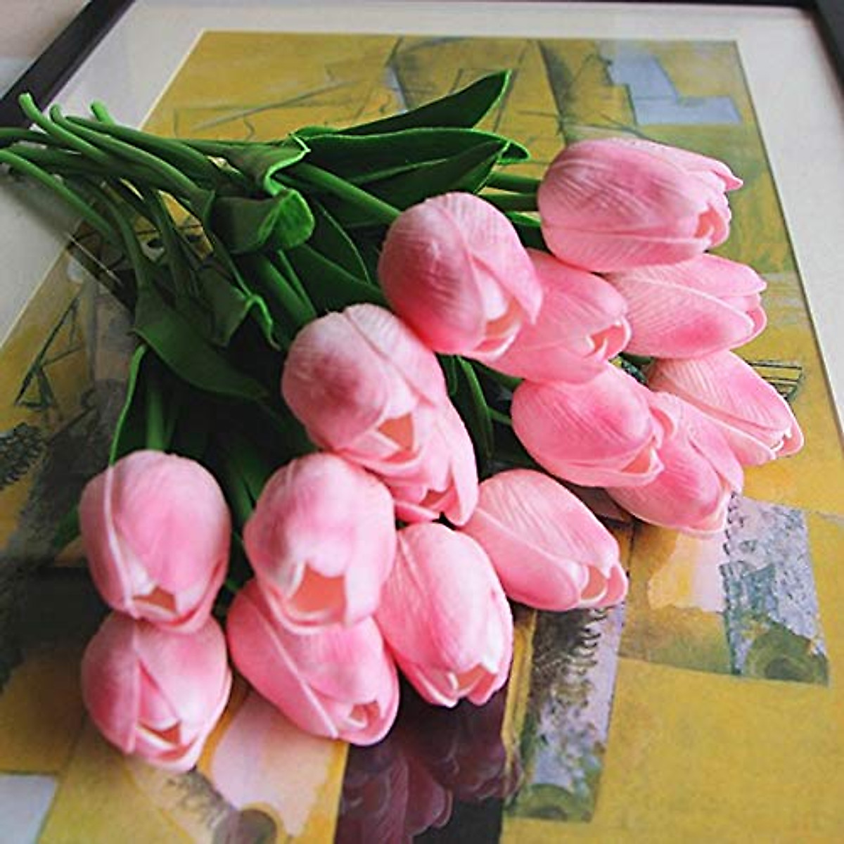 SHINE-CO LIGHTING Artificial PU Tulips 10Pcs Real Touch Fake Flower Arrangement Bouquets for Home Office Wedding Decoration (Pink)