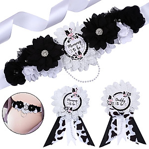 JOYMEMO Cow Baby Shower Sash - Maternity Sash Kit with Mom to Be Dad to Be Corsage Pins, Cow Gender Reveal Pregnancy Flower Belly Belt Photo Props New Parents Keepsake, Farm Cow Print Party Decor