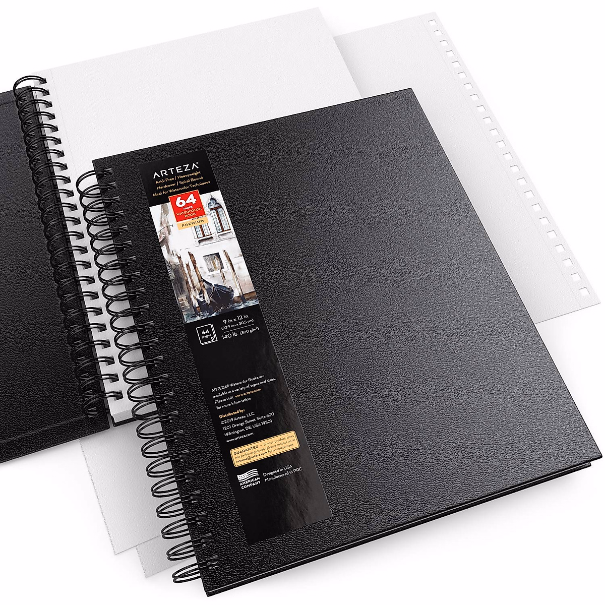 ARTEZA Watercolor Sketchbook, 2-Pack, 64 Pages Each, 9x12 Inches, Black Hardcover Watercolor Notebook, 140lb/300gsm Spiral Watercolor Paper