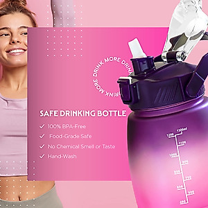 Mayim 32 oz. The Lantern Short Motivational Water Bottle with Removable Straw & Handle, BPA Free Leakproof Fitness Sports Water Jug with Time Marker Reminder, Ombre Two-Tone (Purple to Pink)