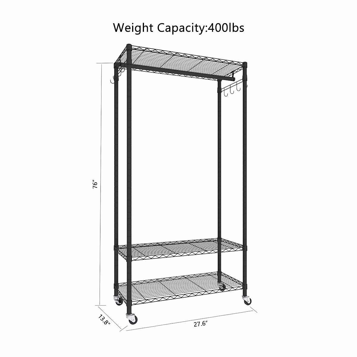 Serxis Rolling Portable Garment Rack,Freestanding Clothes Racks, Portable Closet Wardrobe with 3 Adjustable Wire shelves,2 Side Hooks, Black