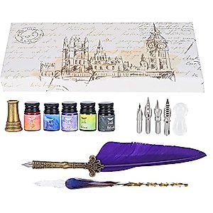 Tnfeeon Feather Pen, Vintage Feather Calligraphy Pen Quill Pen Set with Replaceable Nib Student Writing Stationery Romantic Valentine(Purple)