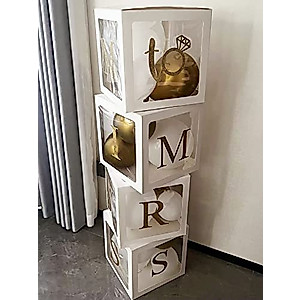 Fonder Mols 4PCS White Transparent Balloon Boxes with Gold Glittered MISS TO MRS Letters for Wedding Party Bridal Shower Engagement Decorations (No Balloons)