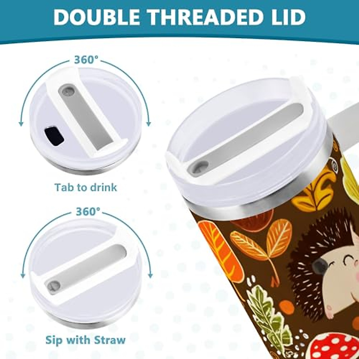 40 Oz Cute Hedgehog Autumn Insulated Water Tumbler with Handle and Straw Lid, 2 in 1 Lid Insulated Vacuum Insulated Tumbler