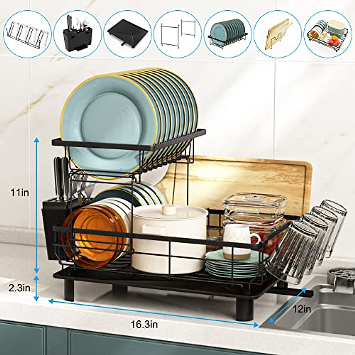 YGEOMER Large Dish Drying Rack, 2-Tier Dish Racks for Kitchen Counter, Detachable Dish Drainers with Utensil Holder, Kitchen Gadgets with Drainboard & Cup Holders, Black