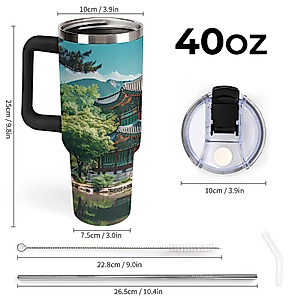 Korean Architecture Palace of Koreas Insulated Tumbler with Handle Stainless Steel Travel Coffee Mug with Lid And Straw 40oz