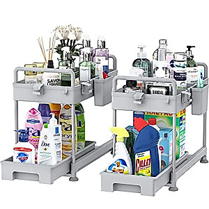 SOLEJAZZ 2-Tier Under Sink Organizer, Sliding Under Bathroom Cabinet Storage Drawer Organizer with Hooks, Hanging Cup, Dividers, Handles, Multi-purpose Under Sink Shelf Organizer, Gray, 2 Pack