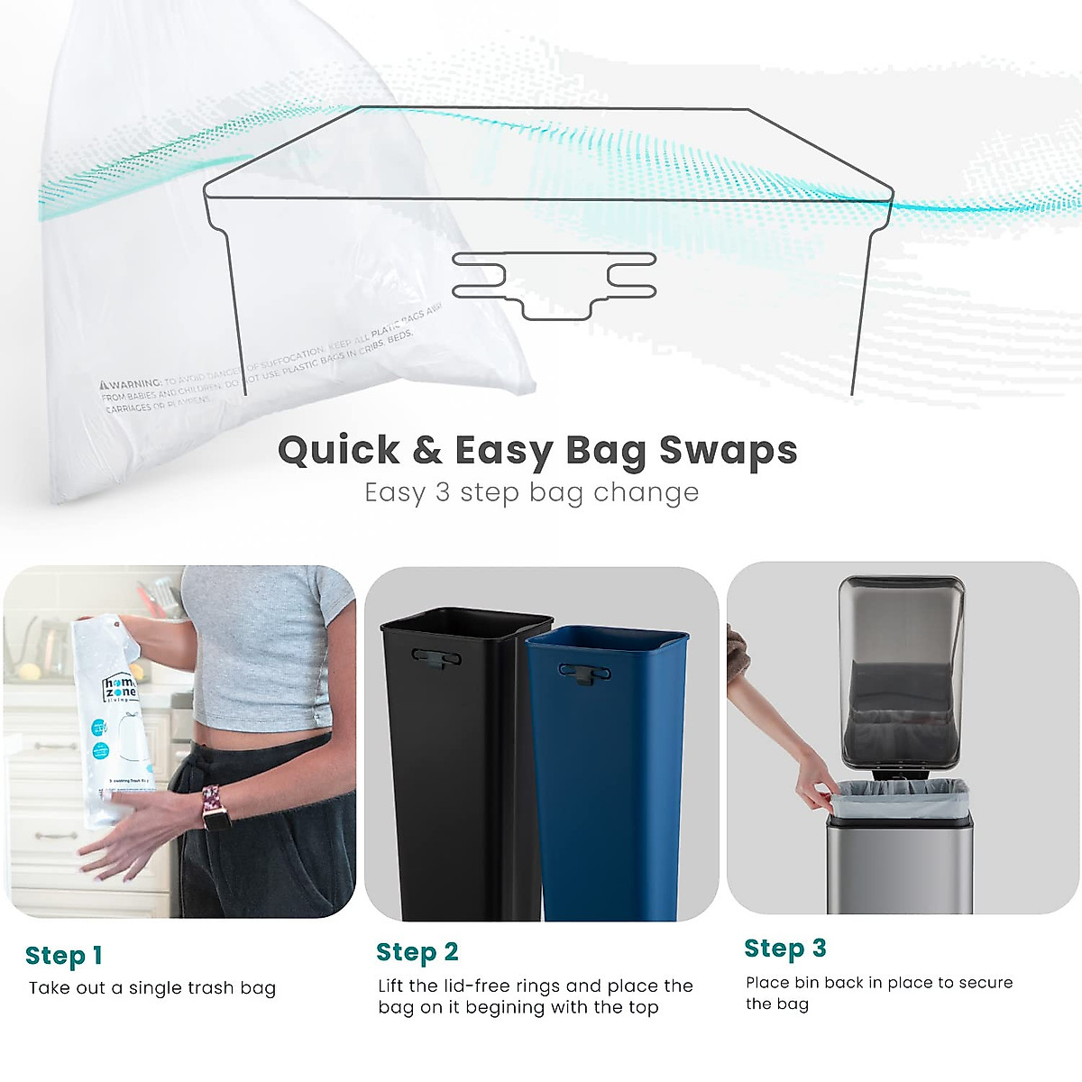 Home Zone Living 13 Gallon Kitchen Trash Can, Dual Removable Liners for Recycling and Trash, Slim Stainless Steel Shape (8 + 5 for 13 Gallon Total)