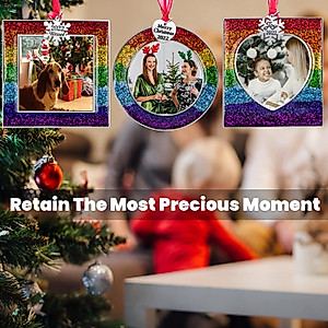 2022 Christmas Tree Ornaments - Made of Zinc Alloy Glitter Powder Pendant 2.5x2.5 Inch Picture Frame for Pet and Baby Holiday Keepsake Gift (Rainbow)