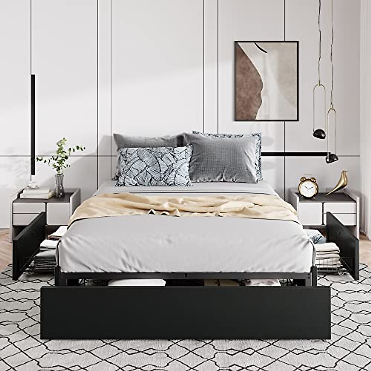 Allewie Queen Size Platform Bed Frame with 3 Storage Drawers, Faux Leather Upholstered, Wooden Slats Support, No Box Spring Needed, Easy Assembly, Black