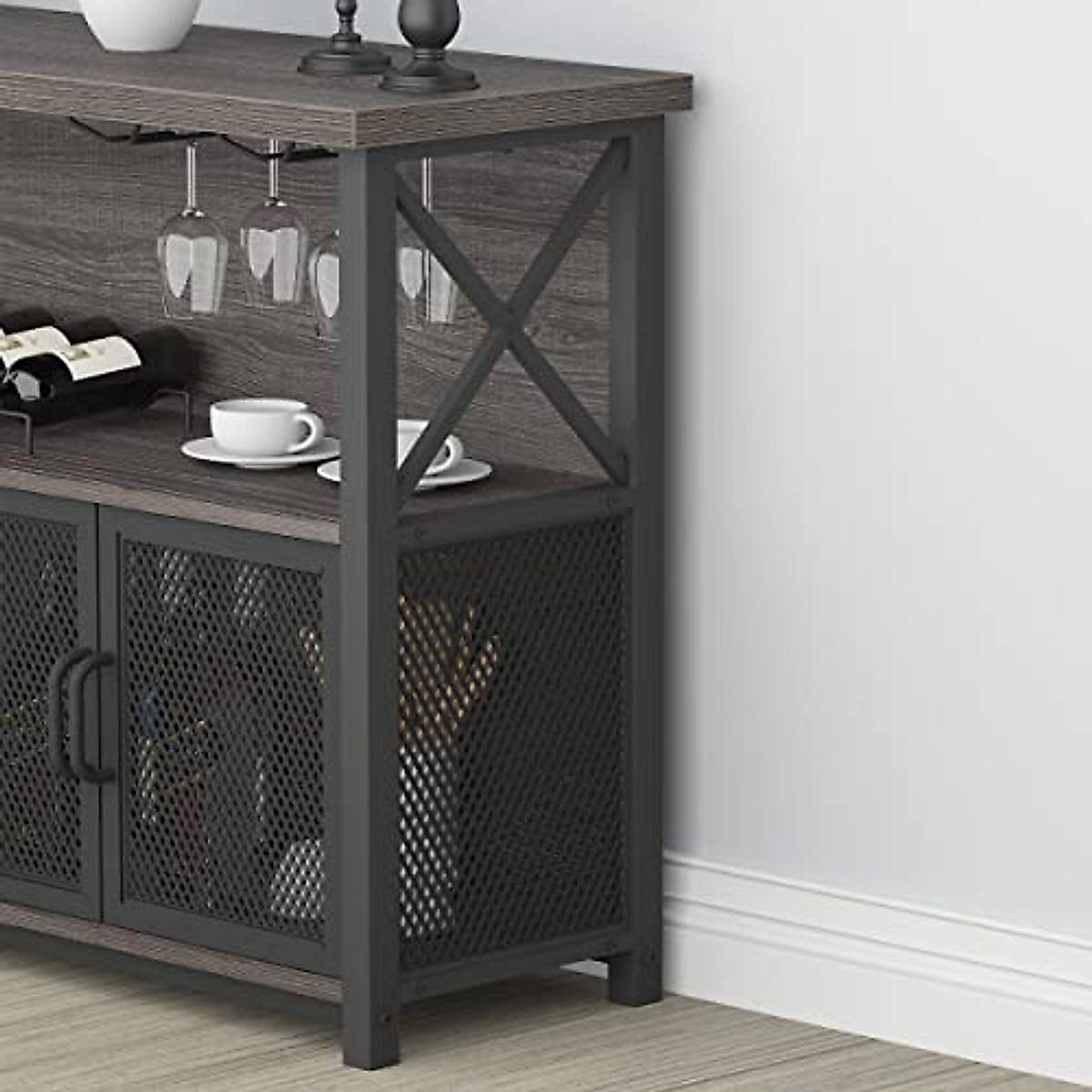 LVB Wine Bar Cabinet, Industrial Coffee Bar Cabinet for Liquor and Glasses, Modern Sideboard Buffet with Storage Rack, Rustic Liquor Home Bar for Kitchen Dining Living Room, Dark Gray Oak, 47 Inch