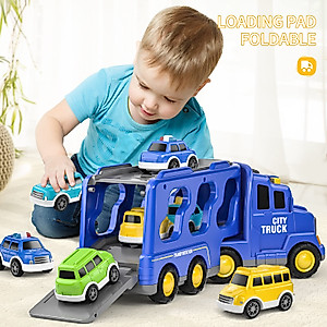 TEMI Toddler Truck Toys for 3 4 5 6 7 Year Old Boys - 5 Pack Carrier Truck Transport City Vehicles Toys, Kids Toys Car for Girls Boys Toddlers Friction Power Set, Push and Go Play Vehicles Toys