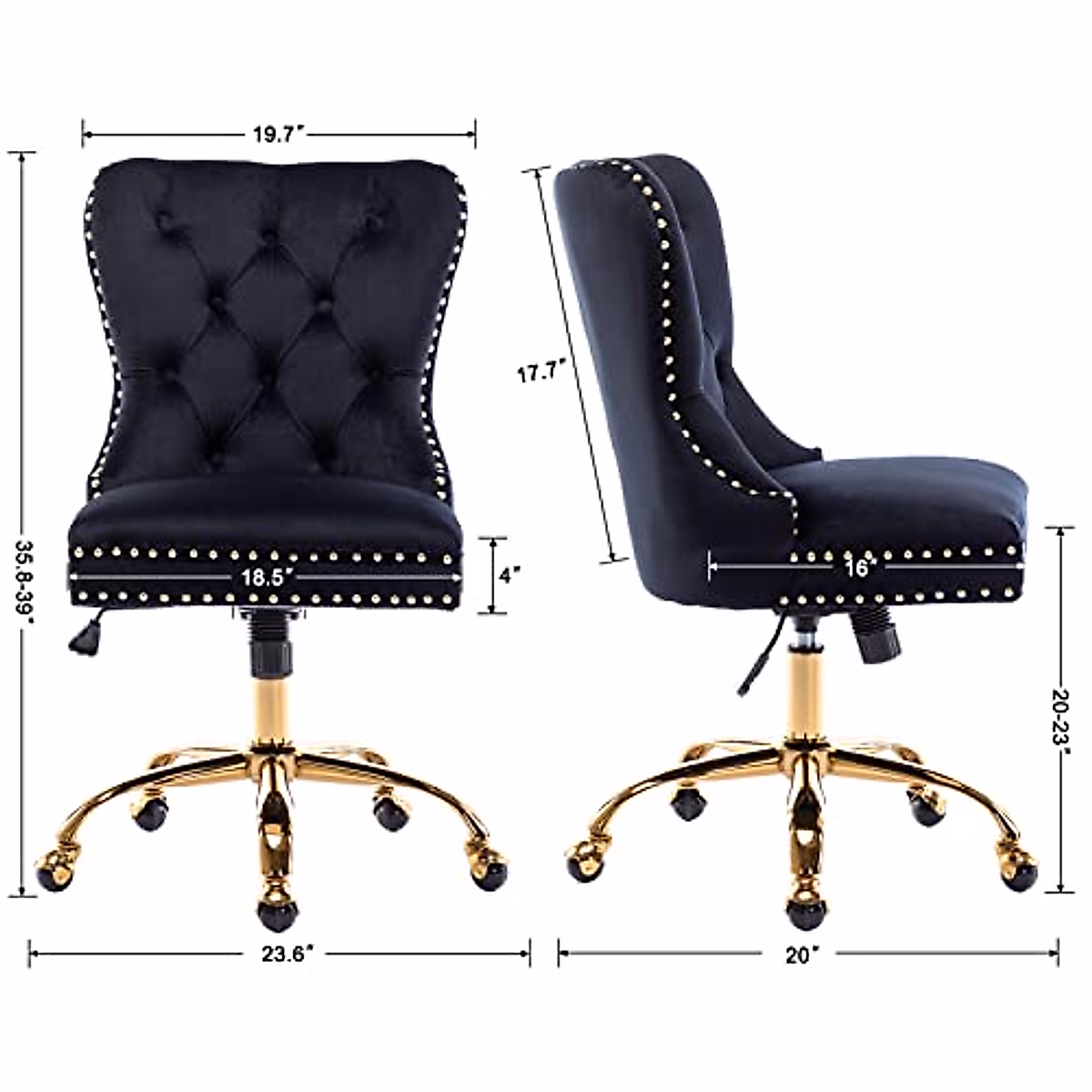 QUINJAY Velvet Home Office Desk Chair, Upholstered Adjustable Swivel Desk Chair with Gold Base, Tufted Study Desk Chair with Comfy High Back for Teens Study Makeup Black