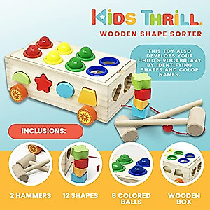 KIDSTHRILL 22 Pcs Set Wooden Shape Sorter Toy for Toddlers, & Pound A Ball Toy 12 Shapes 8 Balls 2 Hammers Montessori Gift Toys for 2 3 4 Years Old Boys & Girls Fine Motor Skills Toddler Toy