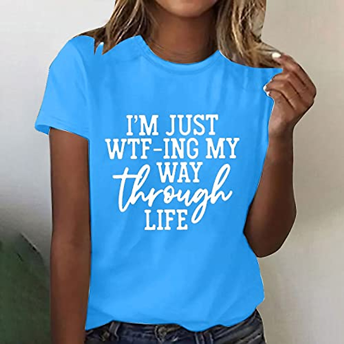 JDHUFEI Women's Crewneck Shirts Summer Plus Size Crewneck Tops Cute Letter Print Short Sleeve Blouse Casual Clothes