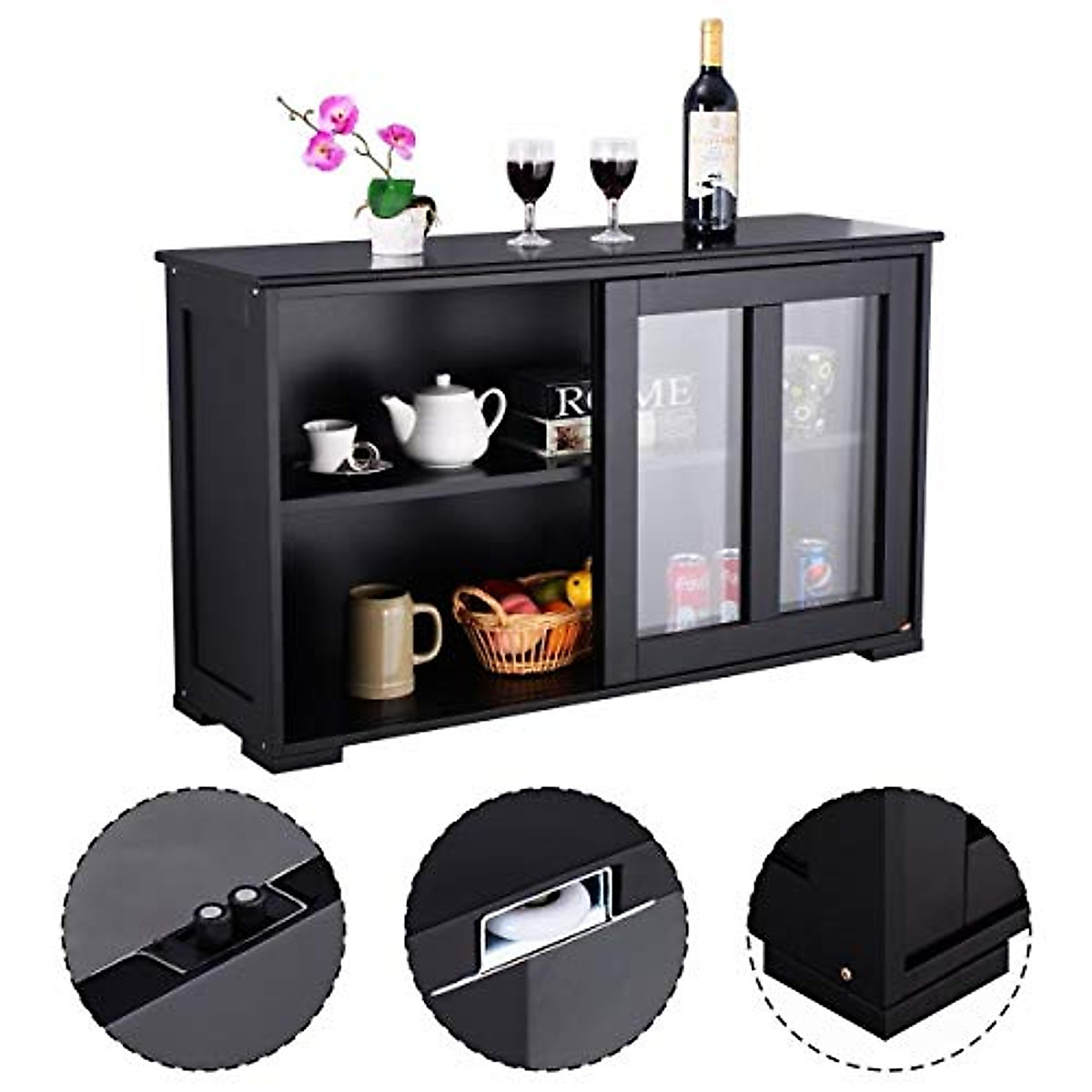 WATERJOY Kitchen Storage Sideboard, Stackable Buffet Storage Cabinet with Sliding Door Panels for Home Kitchen, Antique Black